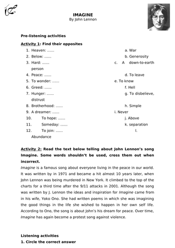 Imagine - Learning English through music | Teaching Resources