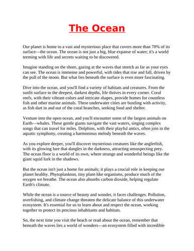 The Ocean : Reading Comprehension with Multiple choice Questions ...