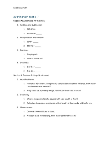 20 Min Math Y5 with answers | Teaching Resources