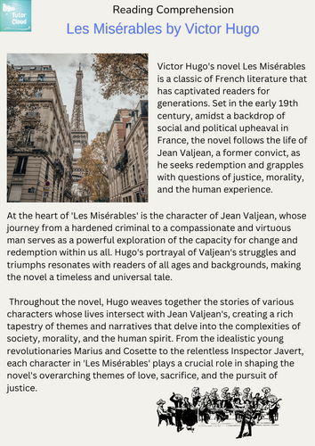 Les Misérables by Victor Hugo Reading Comprehension Worksheet ...