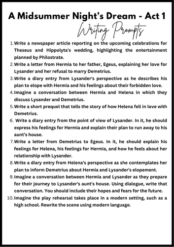 A Midsummer Night's Dream Act 1 Post-Reading Creative Writing Prompts ...