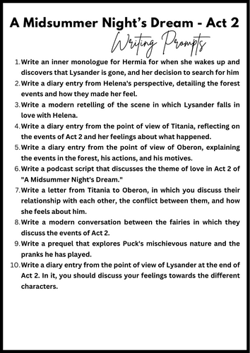 A Midsummer Night's Dream Act 2 Post-Reading Creative Writing Prompts ...