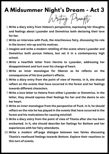 A Midsummer Night's Dream Act 3 Post-Reading Creative Writing Prompts ...
