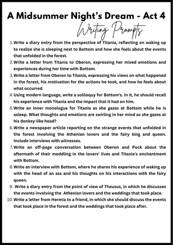 A Midsummer Night's Dream Act 4 Post-Reading Creative Writing Prompts ...