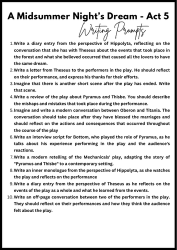A Midsummer Night's Dream Act 5 Post-Reading Creative Writing Prompts ...