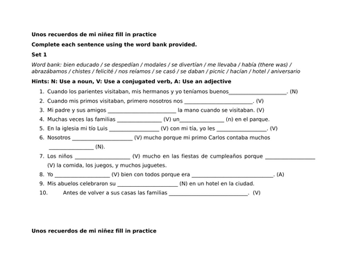 Unos recuerdos de mi niñez fill in practice | Teaching Resources