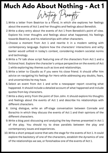 Much Ado About Nothing Act 1 Post-Reading Creative Writing Prompts ...