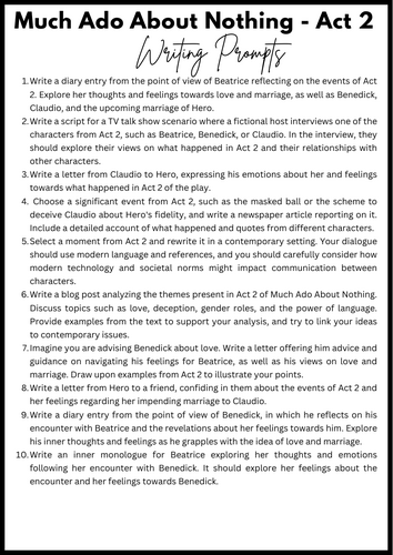 Much Ado About Nothing Act 2 Post-Reading Creative Writing Prompts ...