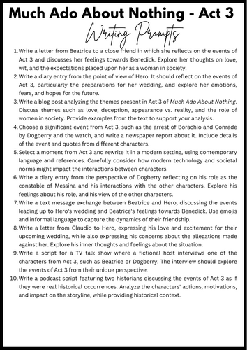 Much Ado About Nothing Act 3 Post-Reading Creative Writing Prompts ...
