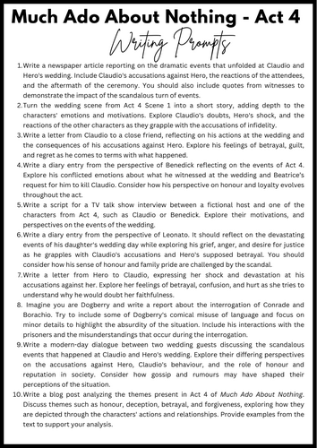 Much Ado About Nothing Act 4 Post-Reading Creative Writing Prompts ...