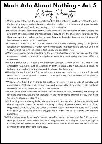 Much Ado About Nothing Act 5 Post-Reading Creative Writing Prompts ...