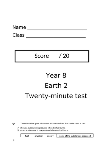 Year 8 Science KS3 AQA 20 minute tests | Teaching Resources