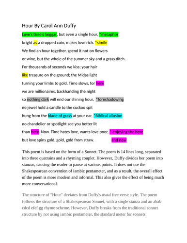 "Hour" by Carol Ann Duffy: A LEVEL ENGLISH LITERATURE | Teaching Resources