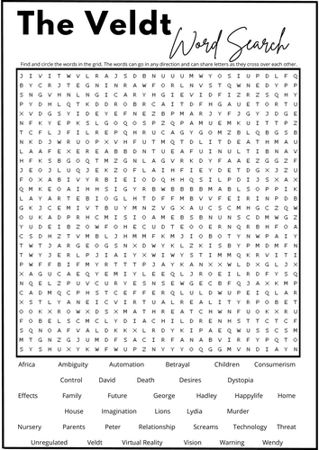 The Veldt by Ray Bradbury Word Search Review Activity: No Prep, Minimal ...