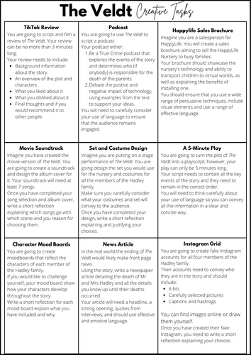 The Veldt by Ray Bradbury Post-Reading Creative Review Tasks | Teaching ...