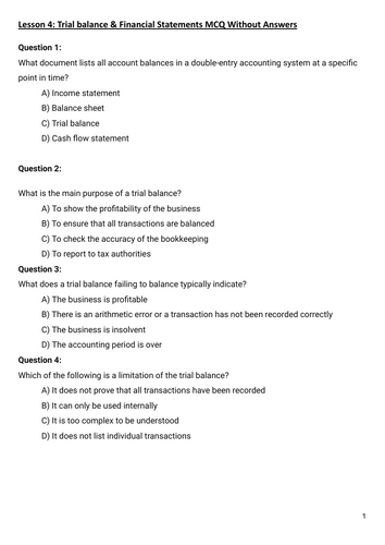 Trial Balance & Financial Statements: IGCSE Accounting MCQs With ...