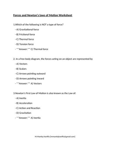 Forces and Newton's laws - MCQ with answers | Teaching Resources