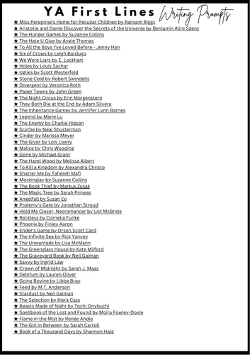Famous First Lines Creative Writing Prompts for Narrative Writing - YA ...