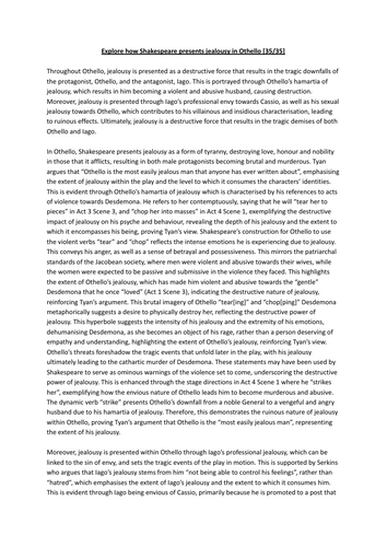A* A Level English Literature Othello Essay on Jealousy | Teaching ...