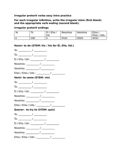 Irregular preterit verbs easy intro practice | Teaching Resources