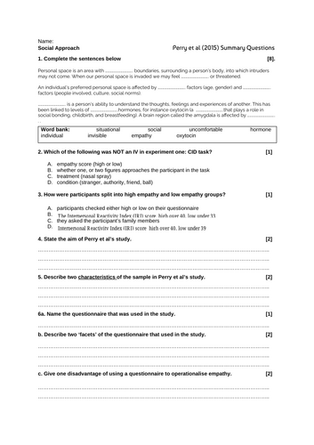 CIE AS Psychology - Perry et al (2015) personal space | Teaching Resources