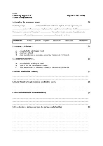 CIE AS Psychology - Fagen et al (2014) elephant learning | Teaching ...