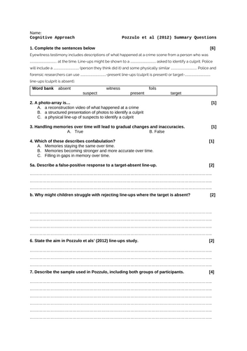 CIE AS Psychology - Pozzulo et al (2012) line-ups | Teaching Resources