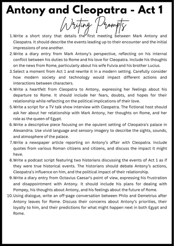 Antony and Cleopatra Act 1 Post-Reading Creative Writing Prompts ...