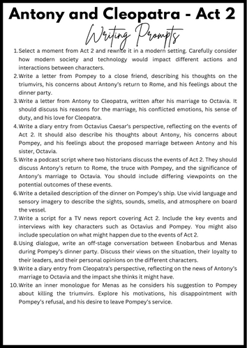 Antony and Cleopatra Act 2 Post-Reading Creative Writing Prompts ...