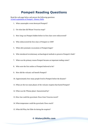 Burial and Rediscovery of Pompeii Reading Questions Worksheet ...