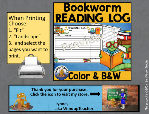 Bookworm Reading Log for Library, Media Center, or Classroom Teacher ...