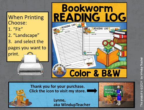 Bookworm Reading Log for Library, Media Center, or Classroom Teacher ...