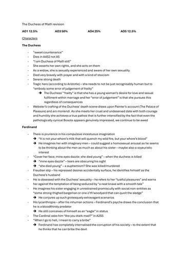 The Duchess of Malfi revision notes | Teaching Resources