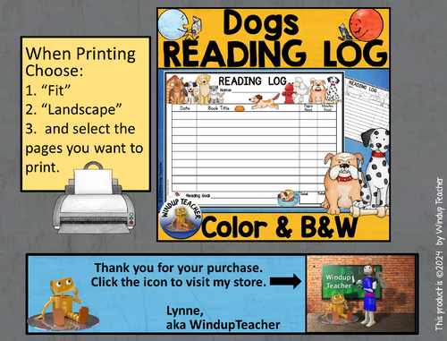 Dog Reading Log - With and Without Parent Signature- Color and Black ...