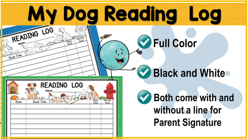 My Dog Reading Log With and Without Parent Signature - Color and Black ...