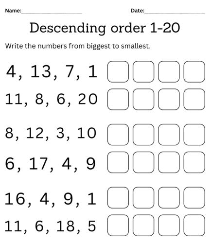 Ascending and Descending Order Worksheets 1 to 20 for kindergarten with ...