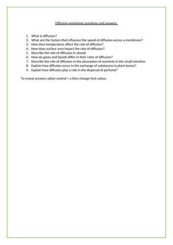 Diffusion KS4 worksheet questions and answers. | Teaching Resources