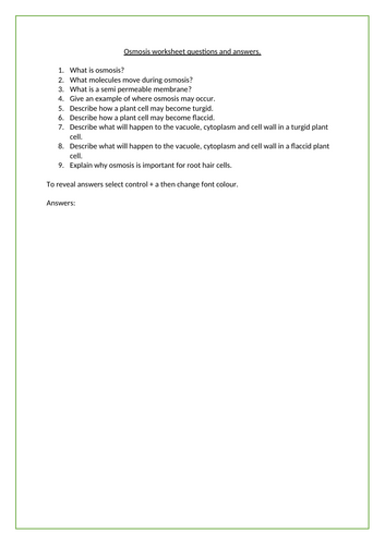 Osmosis KS4 worksheet questions and answers. | Teaching Resources