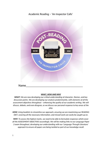 An Inspector Calls - Post-Reading Booklet | Teaching Resources