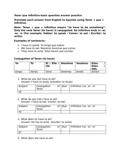Tener que infinitive basic question answer practice | Teaching Resources