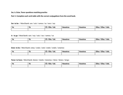 Ser, Ir, Estar, Tener questions matching practice | Teaching Resources