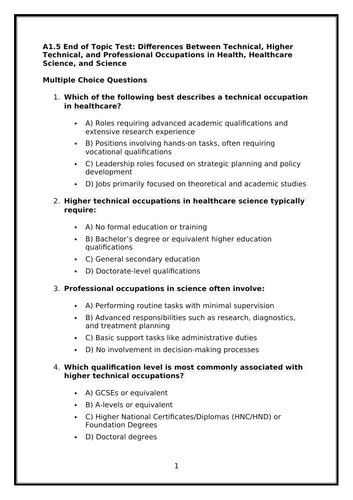 T Level Health A1 worksheet and end of topic test | Teaching Resources