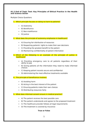 T Level Health A1 worksheet and end of topic test | Teaching Resources