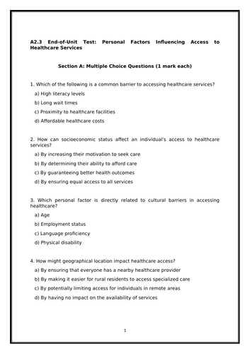 T Level Health A2 worksheet and end of topic test | Teaching Resources