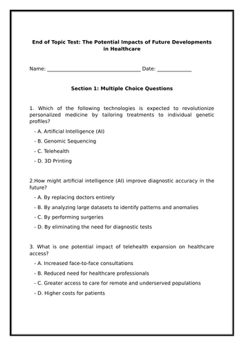 T Level Health A2 worksheet and end of topic test | Teaching Resources