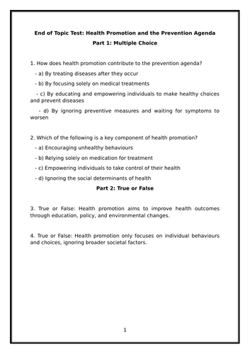 T level health A9 end of topic tests and worksheets | Teaching Resources