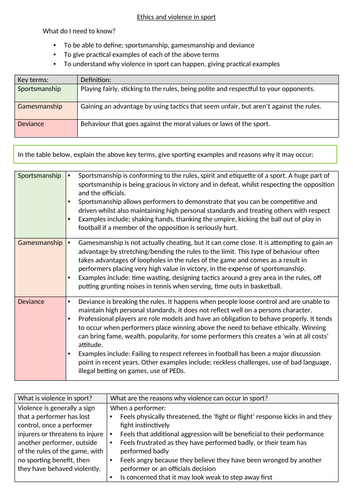 OCR GCSE PE - Ethics and violence in sport - Student worksheet ...
