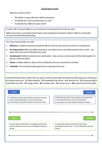 OCR GCSE PE - Classification of skills - Student worksheet | Teaching ...