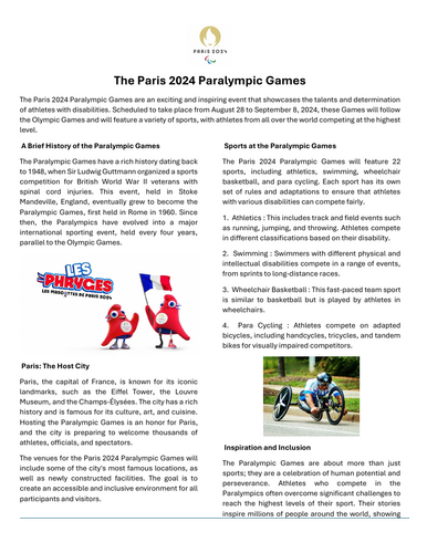 Paralympics Paris 2024 - Reading Comprehension with Answers (Guided ...