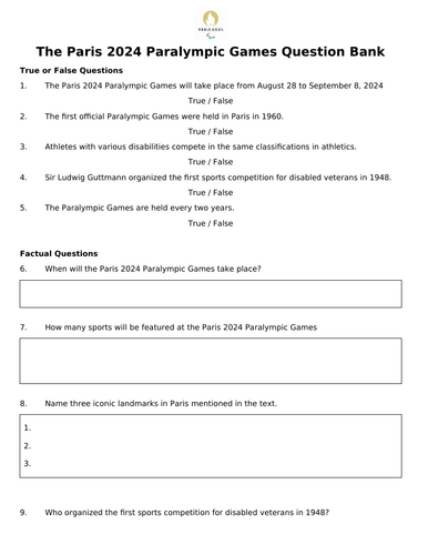 Paralympics Paris 2024 - Reading Comprehension with Answers (Guided ...